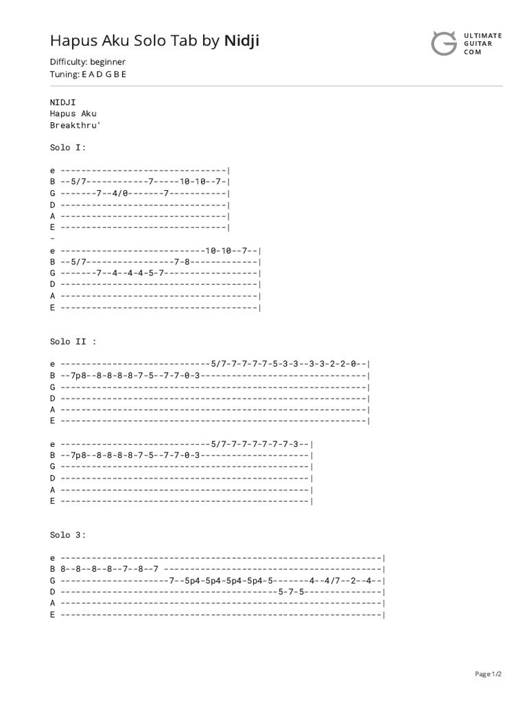 Hapus Aku Tab by Nidji Solo Tabs at Ultimate Guitar Archive | PDF ...