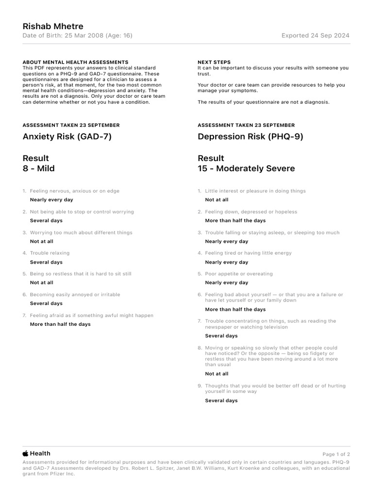 Health - Rishab Mhetre - Mental Wellbeing 2024-09-24 | PDF | Mental Health | Clinical Medicine