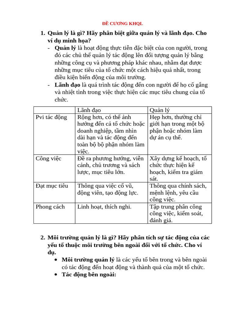 ĐỀ CƯƠNG KHQL | PDF