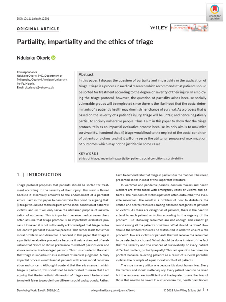 Impartiality vs. Partiality in Triage | PDF | Utilitarianism | Morality