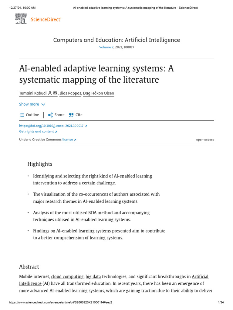 AI-enabled Adaptive Learning Systems - A Systematic Mapping of The Literature - ScienceDirect ...