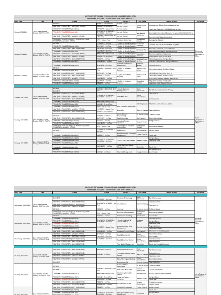 UTB CAT-1 Timetable: Sept-Oct 2024 | PDF | Business
