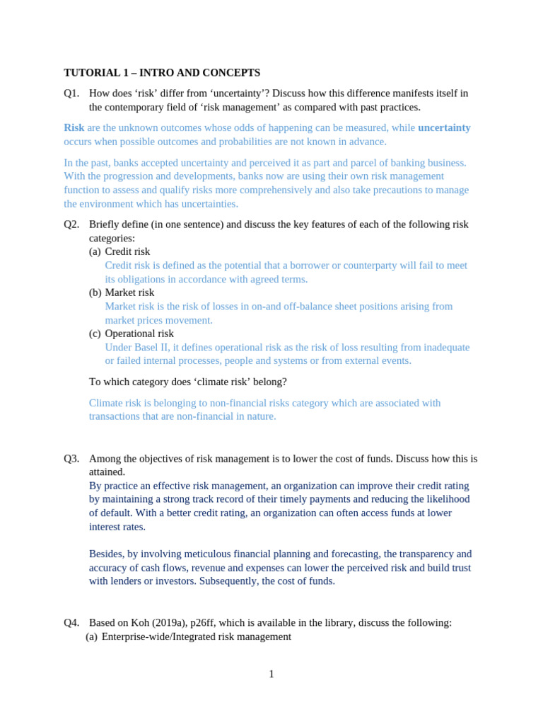 tutorial 1 questions | PDF | Risk | Risk Management