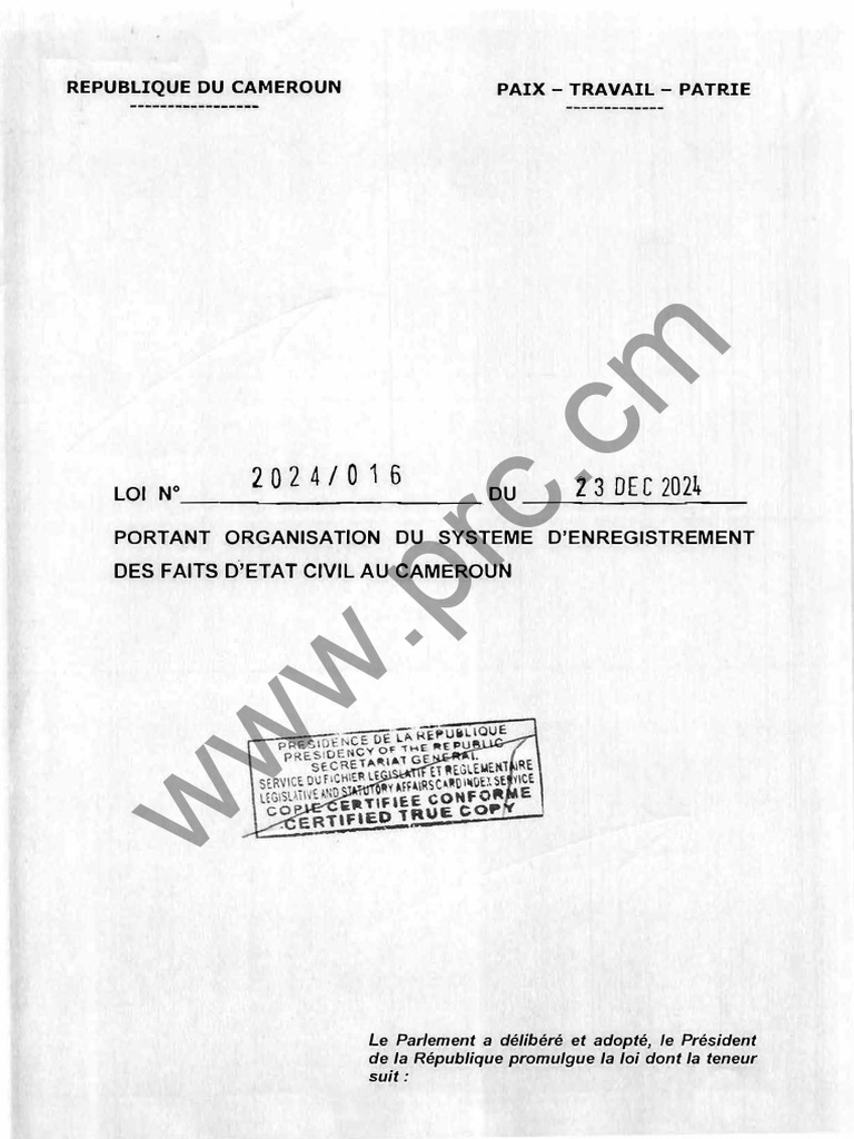 Texte Intégral de La Nouvelle Loi Sur Les Faits D'état Civil Au Cameroun | PDF