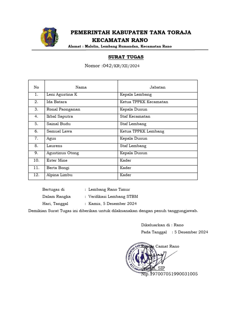 Surat Tugas Pendamping Verifikasi STBM Lembang Rano Timur | PDF