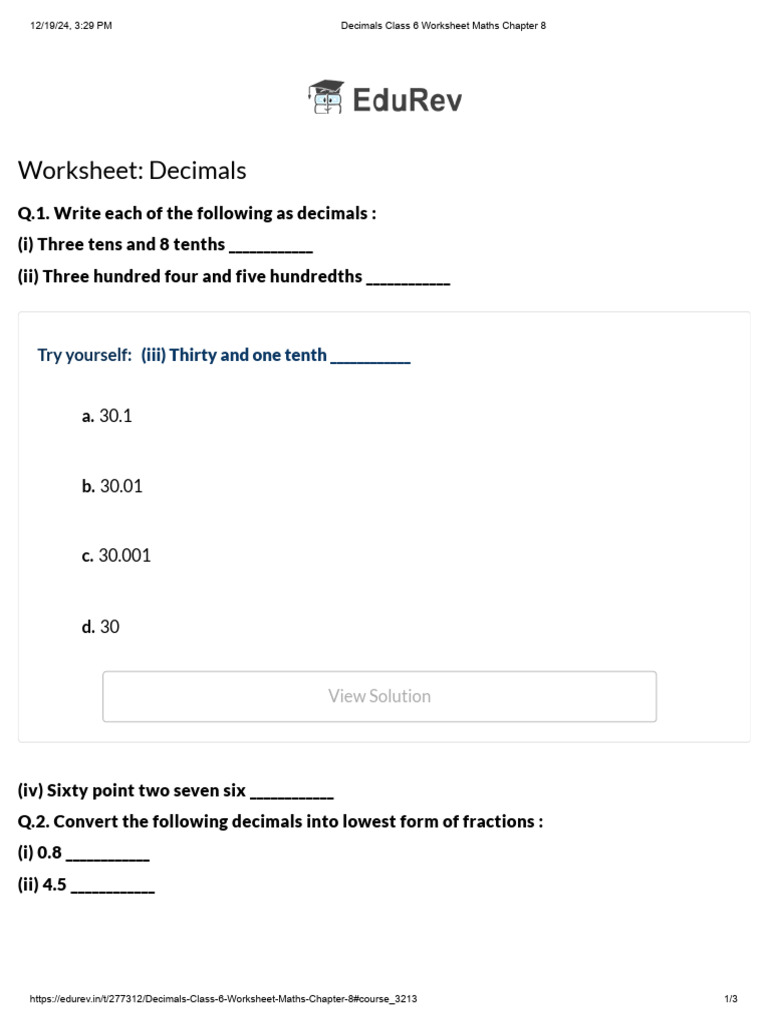 Class 6 Decimals Worksheet | PDF | Decimal | Lexicology