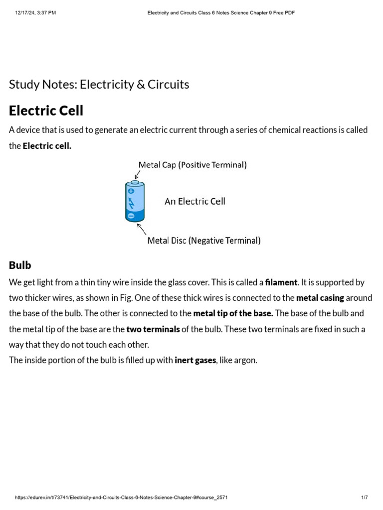 Electricity and Circuits Class 6 Notes Science Chapter 9 Free PDF | PDF