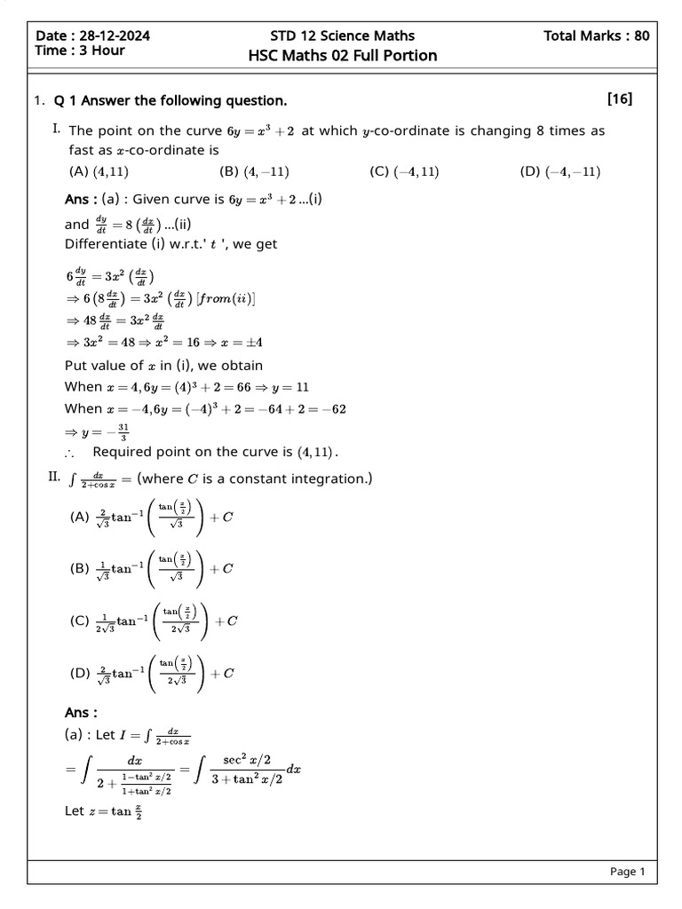 HSC Maths 02 Full Portion - Solution | PDF | Calculus | Applied Mathematics