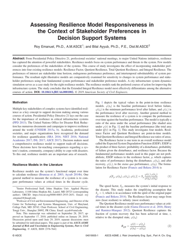 Assessing Resilience Model Responsiveness in the Context of Stakeholder Preferences in Decision ...