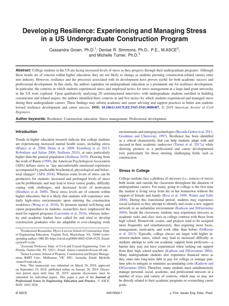 Developing Resilience-Experiencing and Managing Stress in A US Undergraduate Construction ...