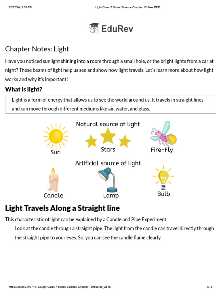 Light Class 7 Notes Science Chapter 13 Free PDF | PDF | Mirror | Rainbow