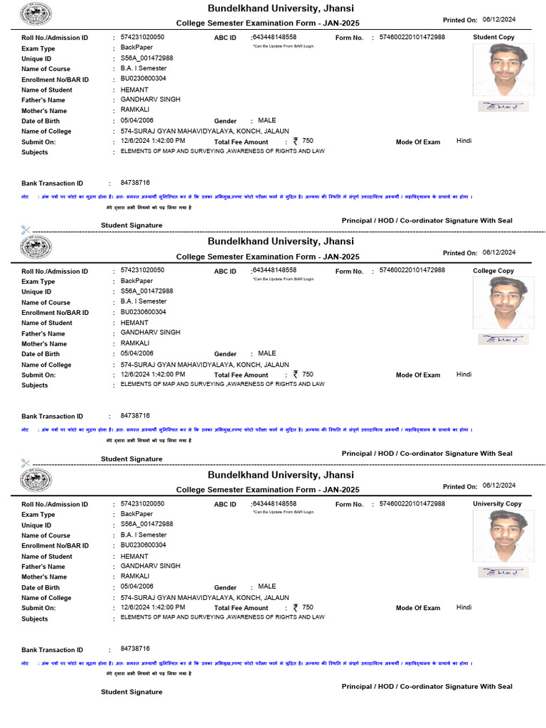 College Semester Examination Form - JAN-2025: Student Signature ...