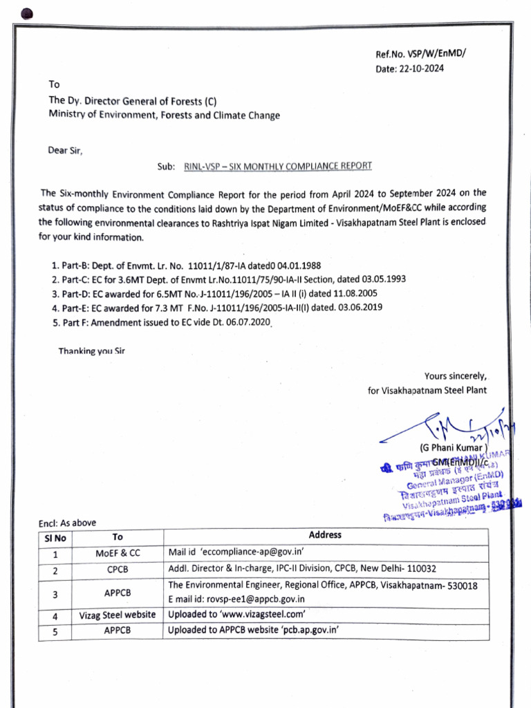 RINL-VSP Six-Monthly Compliance Report | PDF | Water | Waste