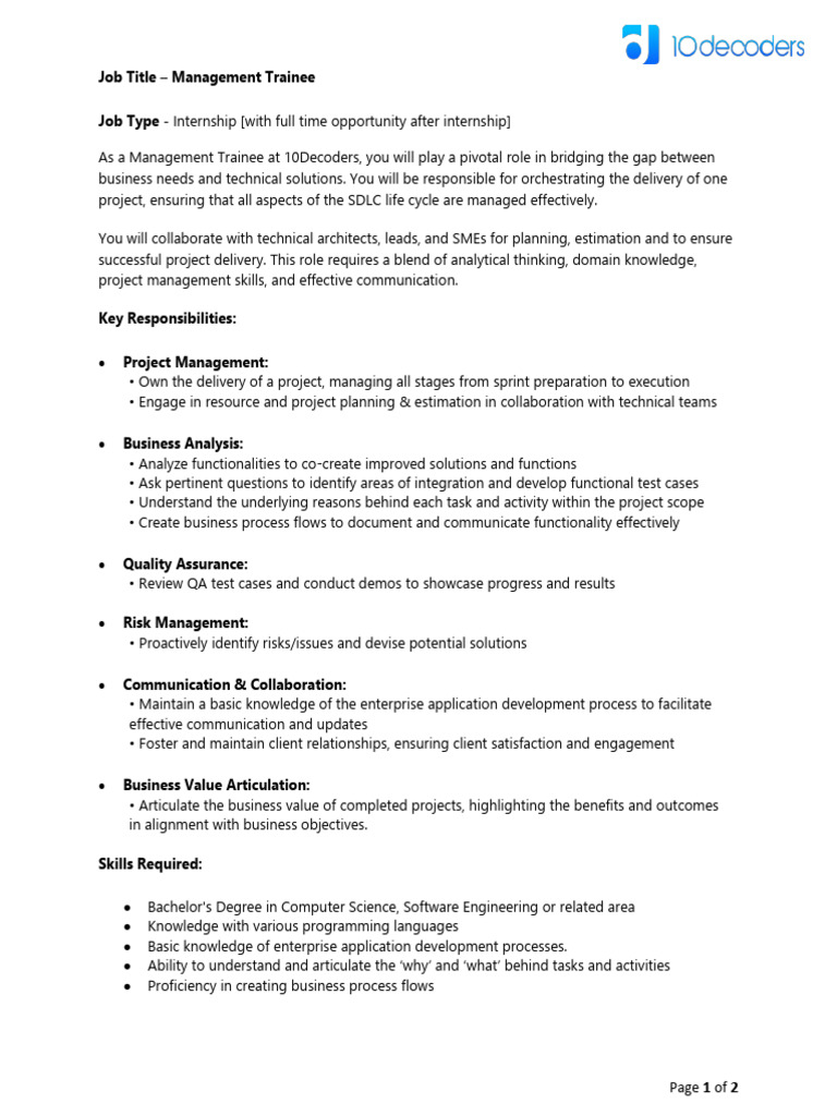 JD - Management Trainee | PDF | Project Management | Software Development