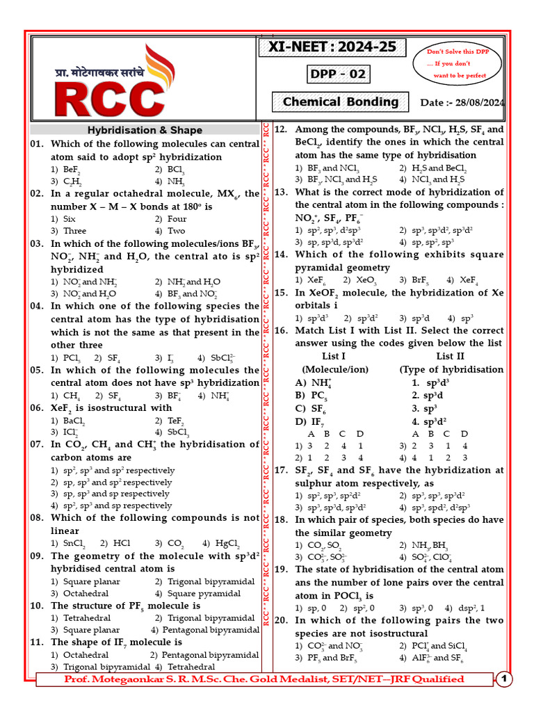DPP-2 Chemical Bonding 29-08-2024 | PDF | Chemical Substances | Materials