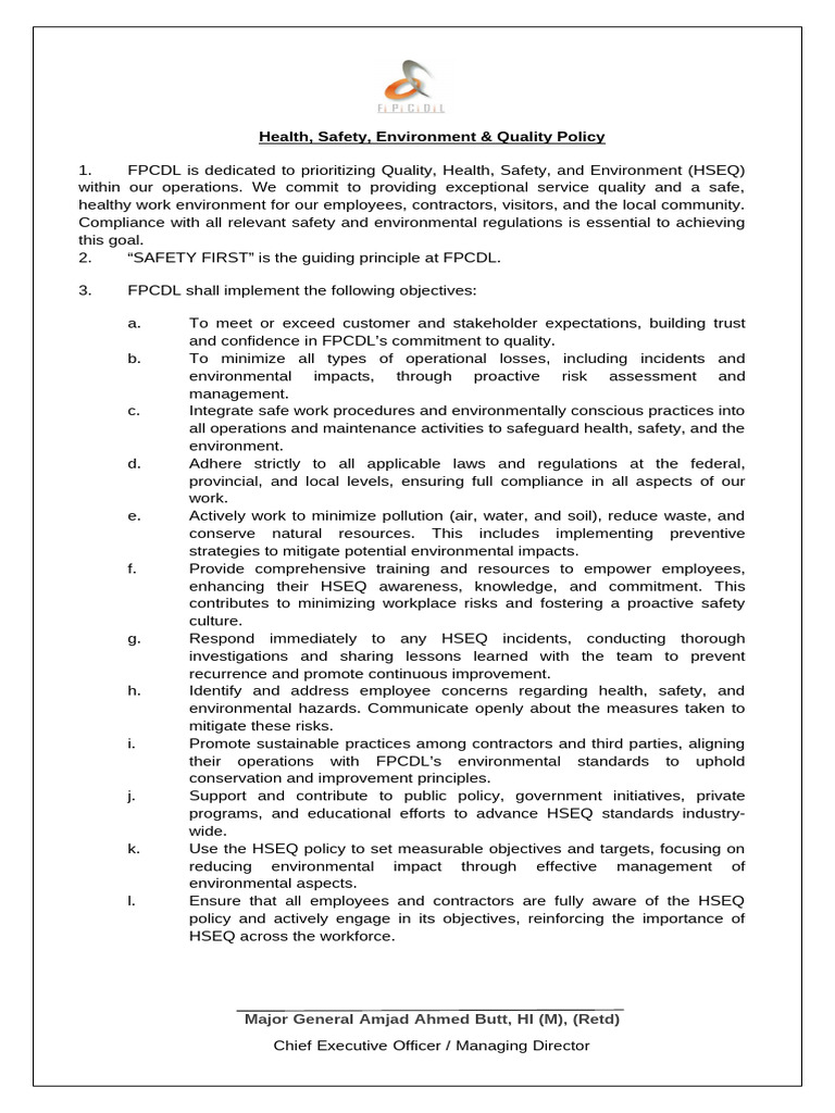 HSEQ Policy (FPCDL)[1] | PDF | Safety | Risk