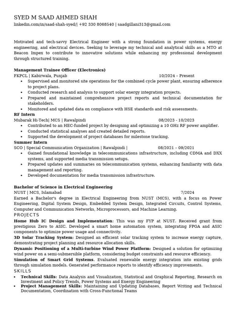 Syed m Saad Ahmed Cv (1) | PDF | Electrical Engineering | Simulation