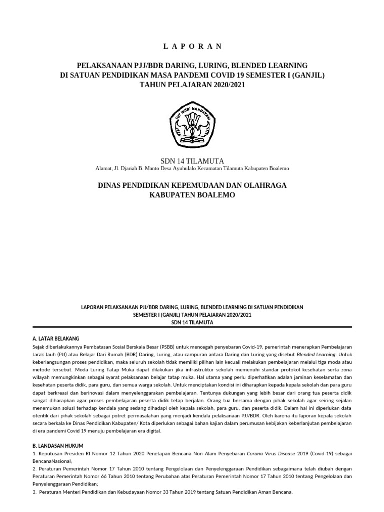 LAP. PELAKSANAAN PJJ-BDR 2020 oleh Kepala Sekolah | PDF