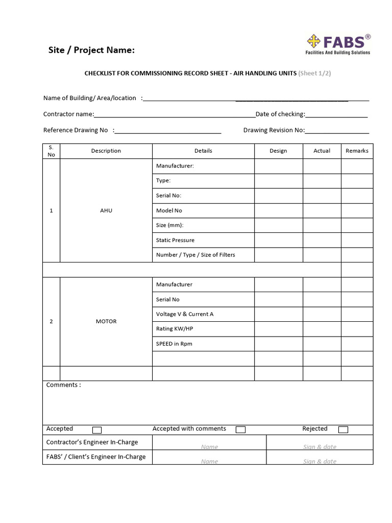 25.00 Checklist - Commissioning Record Sheet - AHU | PDF | Manufactured ...