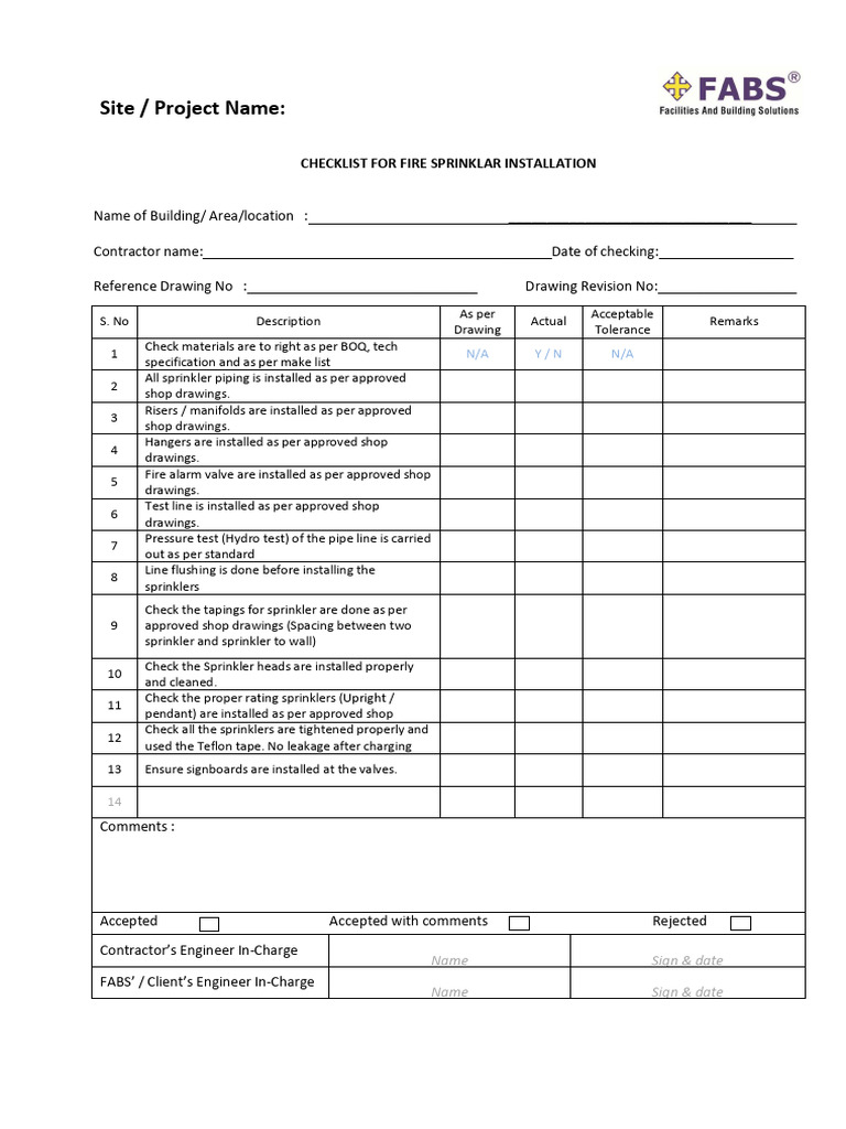 Fire Sprinkler Installation Checklist | PDF