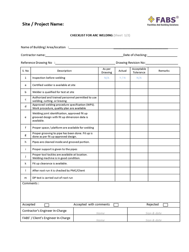 Arc Welding Inspection Checklist | PDF | Welding | Construction