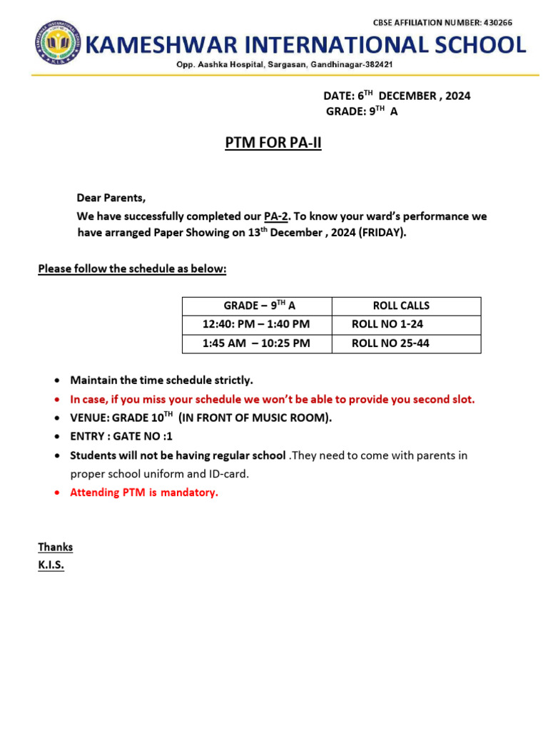 Grade 9A PTM Schedule Dec 2024 | PDF