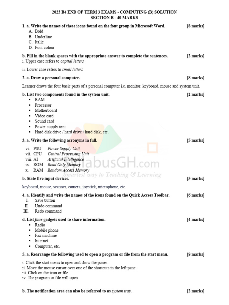 2023 B4 End of Term 3 Exams - COMPUTING (B) Solution | PDF