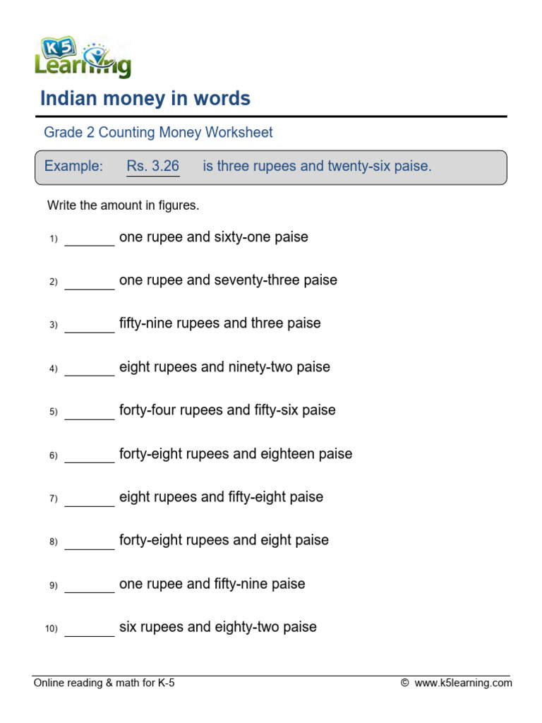 Grade 2 Indian Money in Words e | PDF