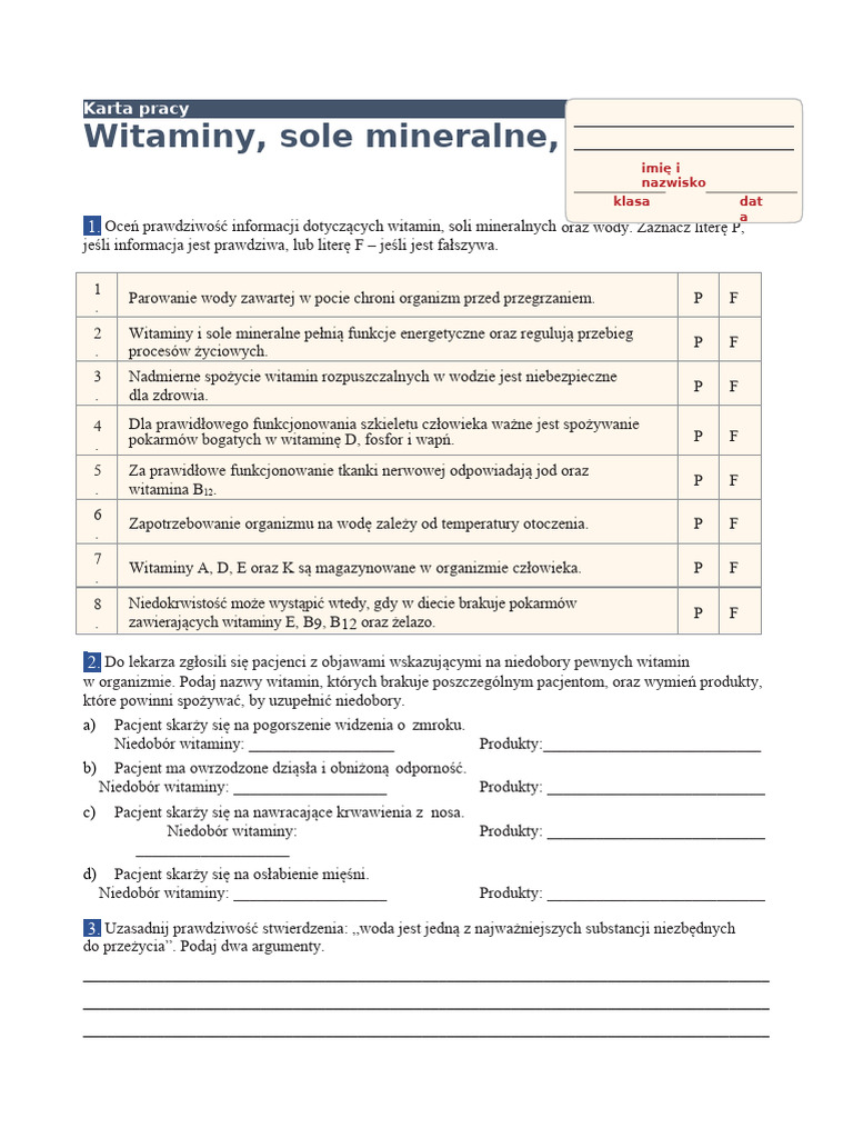 Witaminy Sole Mineralne Woda Karta Pracy | PDF