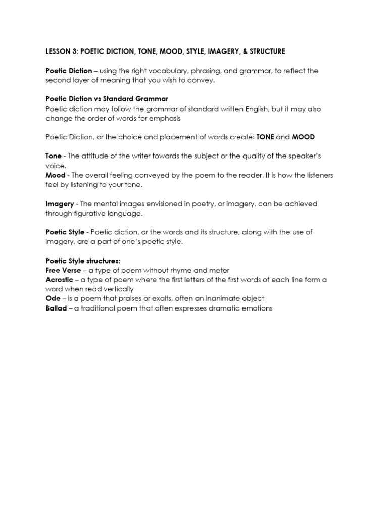 Lesson 3: Poetic Diction, Tone, Mood, Style, Imagery, & Structure ...
