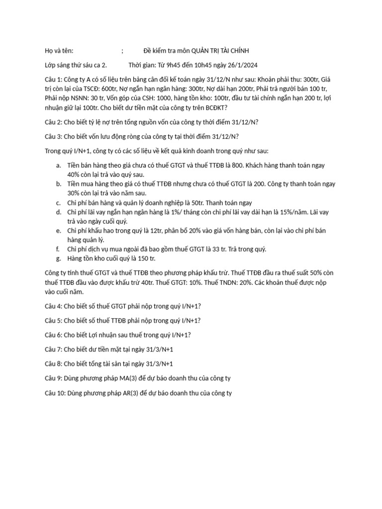 Đề kiểm tra môn QTTC Lớp thứ 6 ca 2 NEU 2024 | PDF