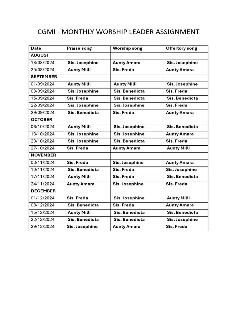 Worship Leader Schedule 2024 | PDF