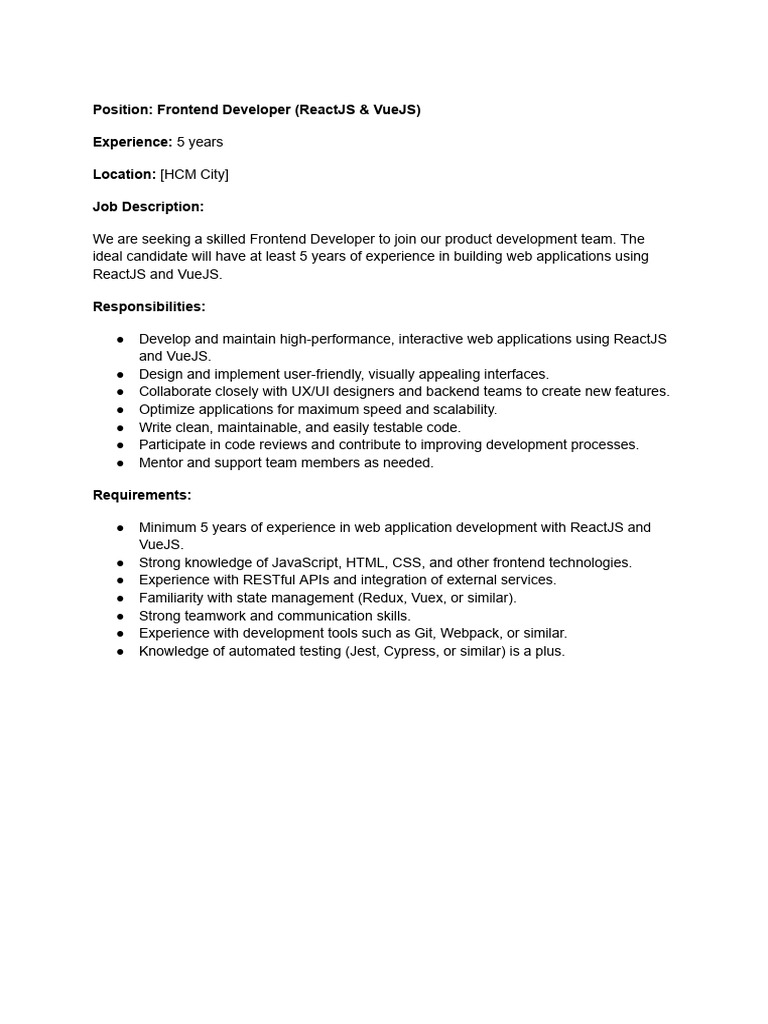 Frontend Developer (ReactJS_VueJS) | PDF Frontend Developer (ReactJS_VueJS) | PDF