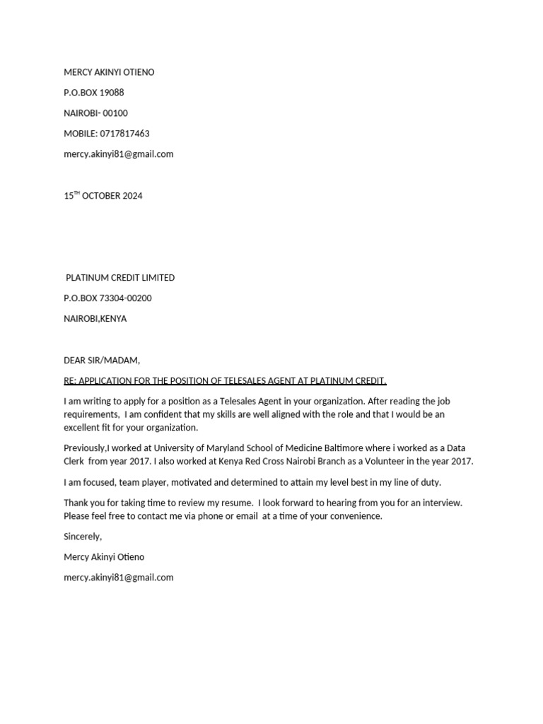 Telesales Agent Application Letter | PDF