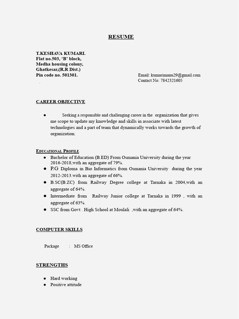 Resume: T.Keshava Kumari. Flat No.503, B' Block, Medha Housing Colony ...