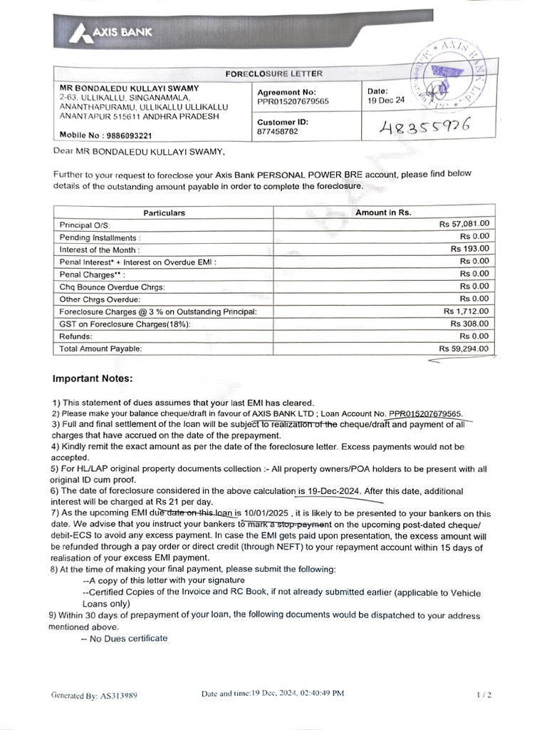 Axis Bank Closere Letter | PDF | Banks | Foreclosure