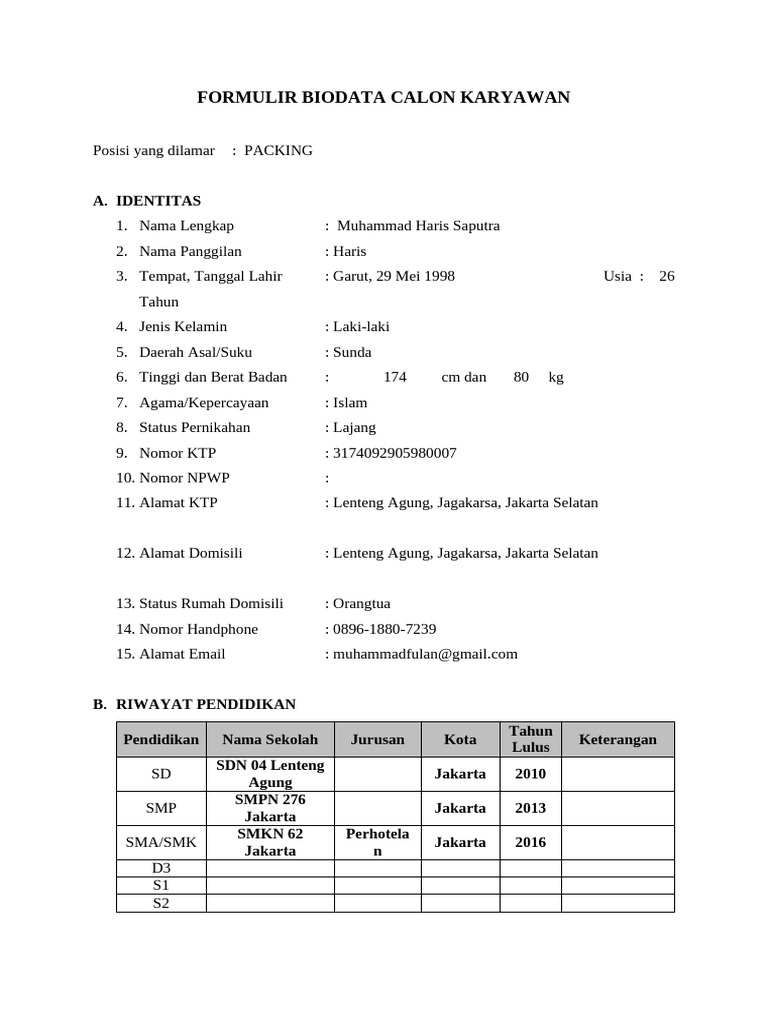 Formulir Biodata Haris - Packing | PDF