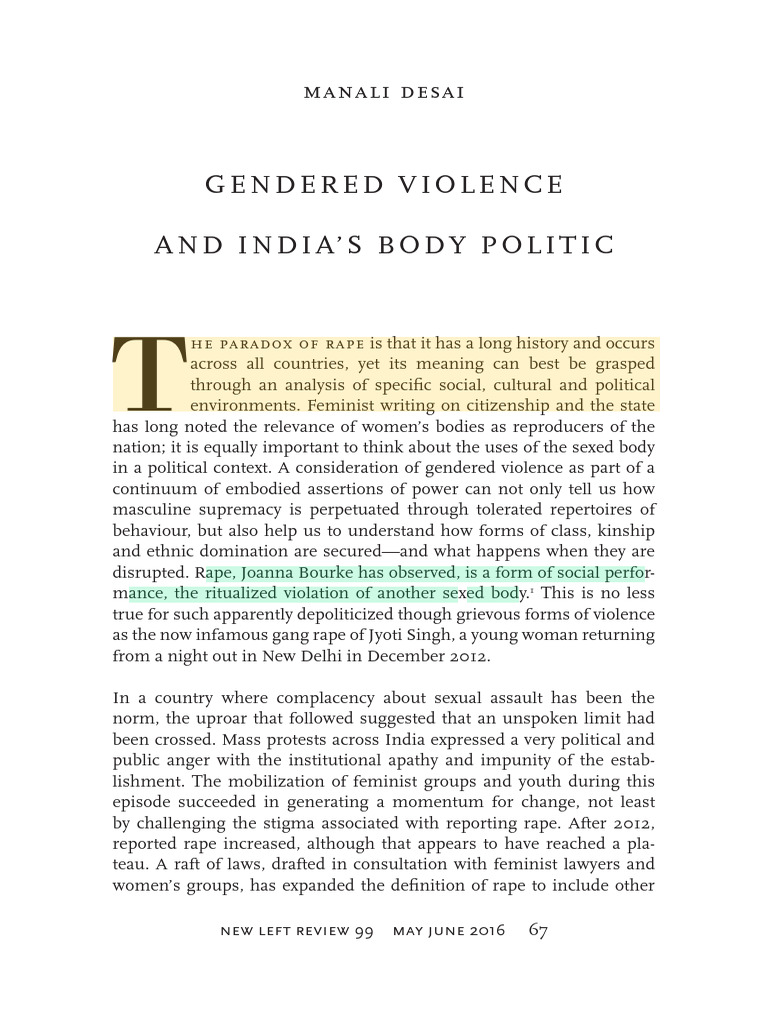 Manali Desai, Gendered Violence and India S Body Politic, NLR 99, May ...