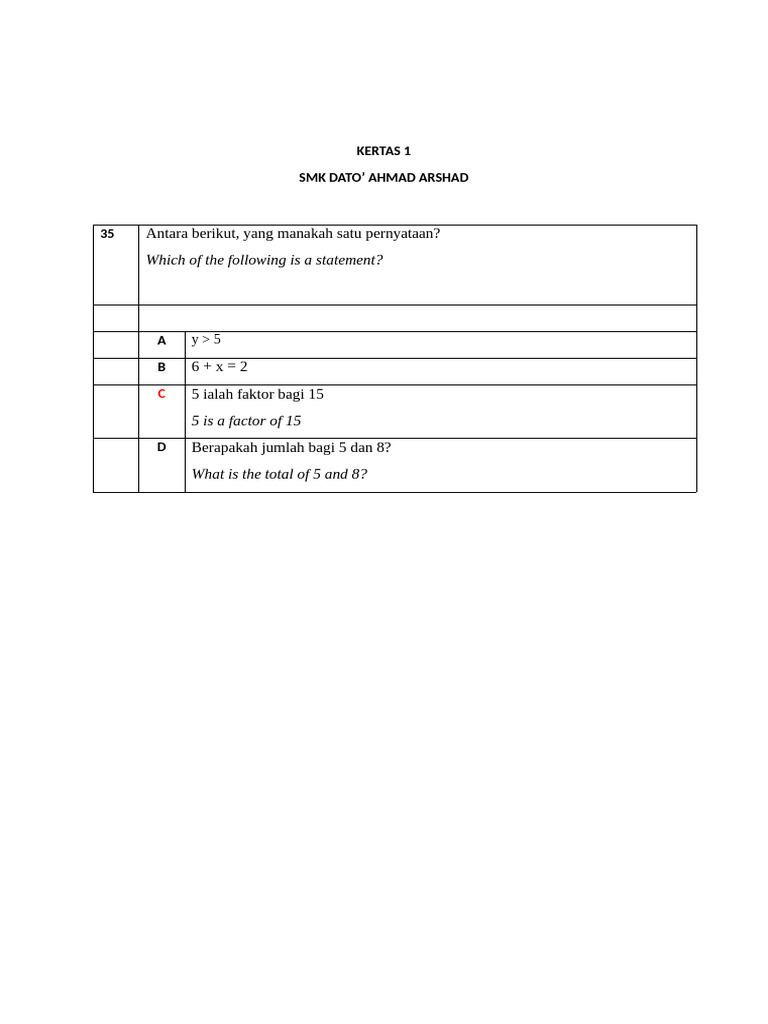 Soalan Math Tg.4 Kertas 1 Set 2 | PDF