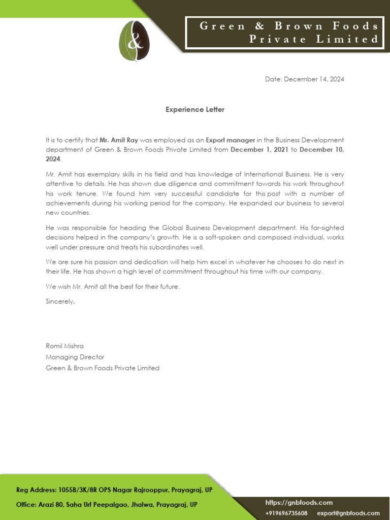 Experience Letter Amit Ray | PDF