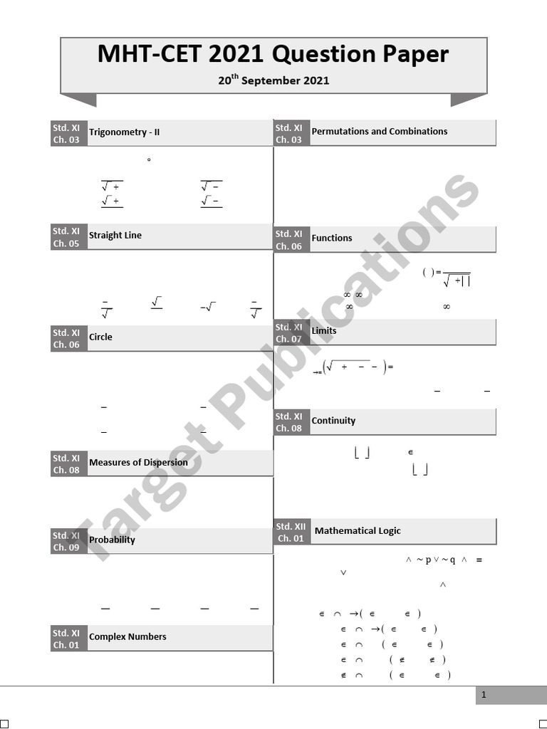 MHT-CET 2021 Mathematics Question Paper | PDF | Trigonometric Functions ...