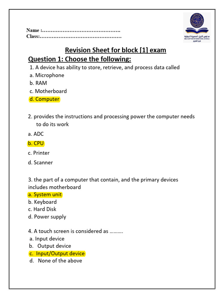 ICT Revisionsheet B1 G6(Obour Branch)Answer | PDF | Computer Hardware | Input/Output