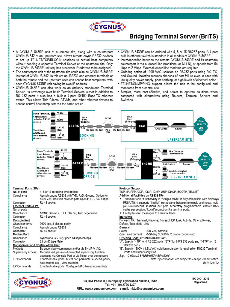 CYGNUS 843RE Bridging Terminal Server | PDF | Port (Computer Networking ...