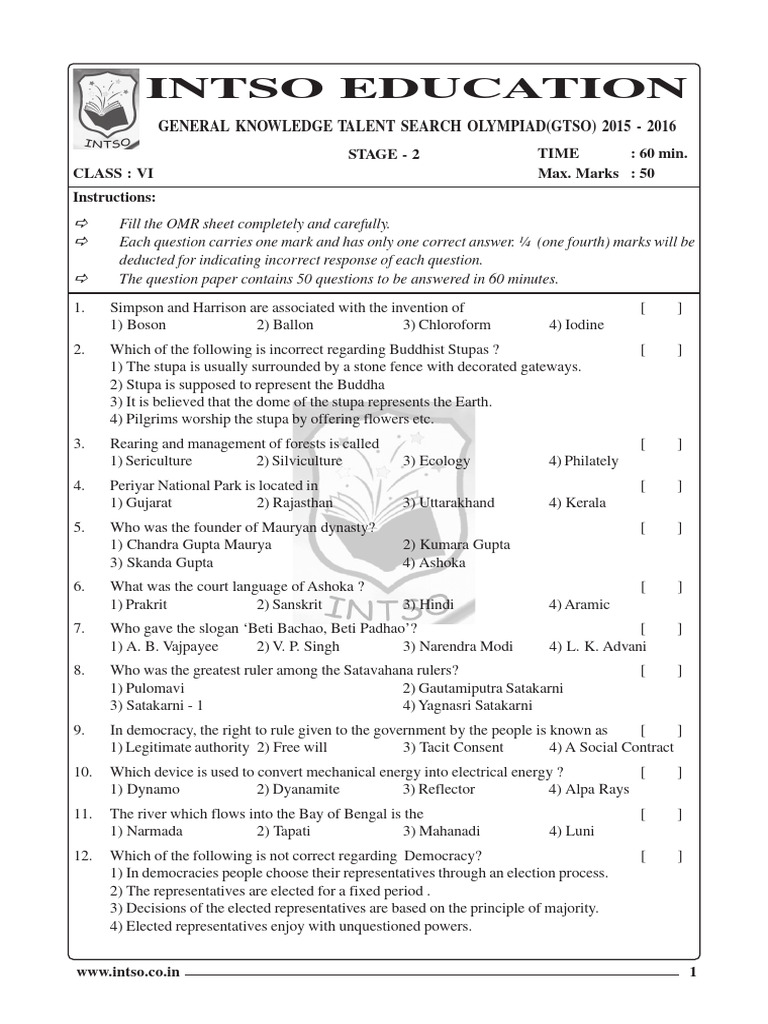 GTSO Class 6 General Knowledge Paper | PDF