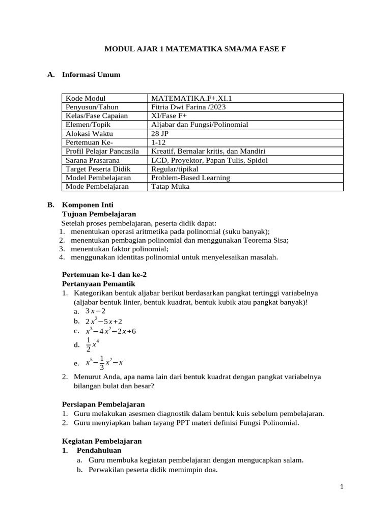 MODUL AJAR 1 Polinomial MATEMATIKA SMA FASE F+ | PDF