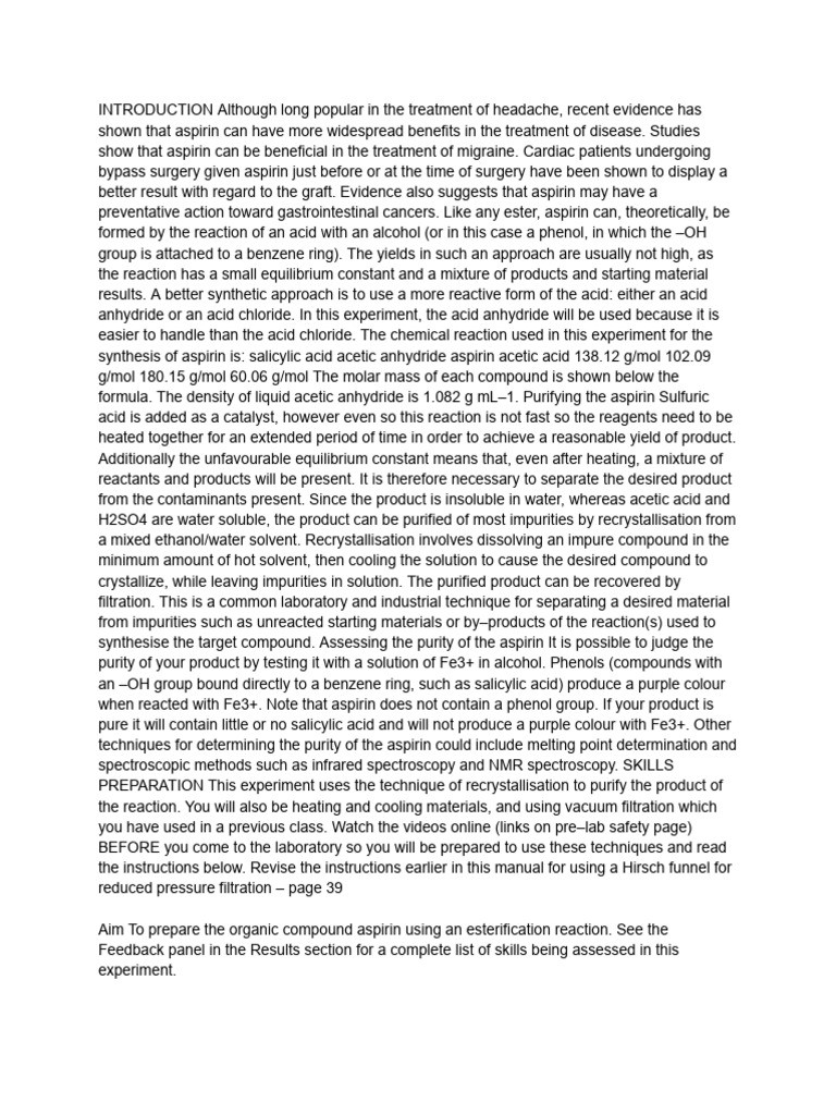 Aspirin Synthesis and Purification Guide | PDF | Chemical Substances ...