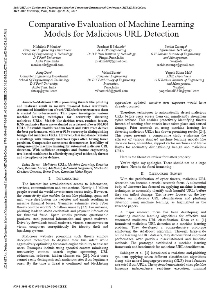 Comparative Evaluation of Machine Learning Models For Malicious URL ...