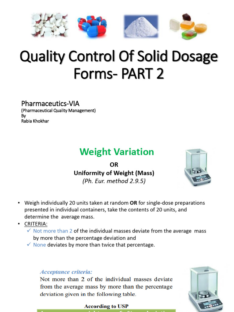 QC of Solid Dosage Forms Part 2 | PDF | Dose (Biochemistry) | Chemistry