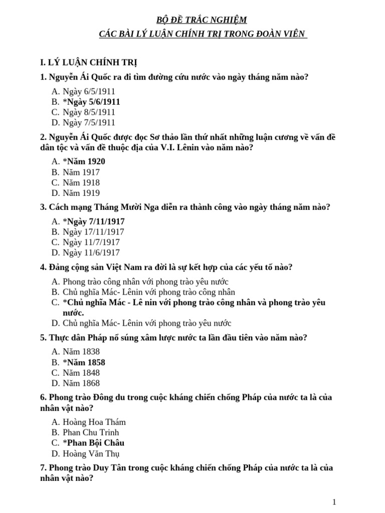 Bo Cau Hoi Trac Nghiem 04 Bai Hoc LLCT Danh Cho Doan Vien Nam 2024 | PDF