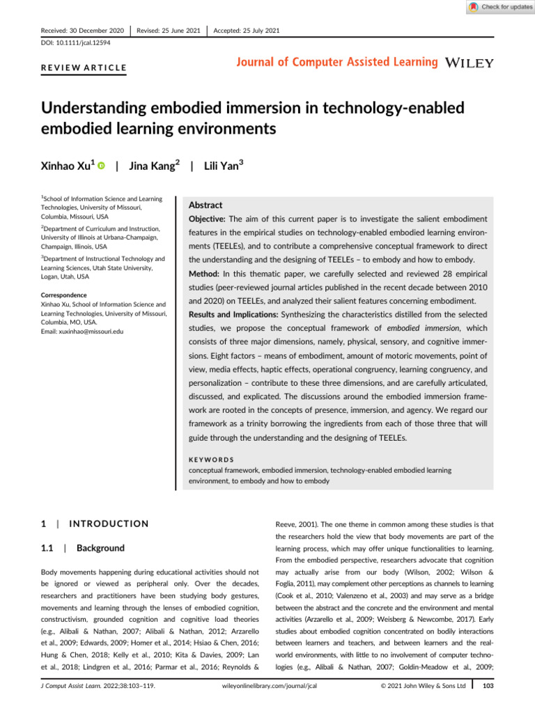 Xu (2021) Understanding Embodied Immersion in Technology-Enabled Embodied Learning Environments ...
